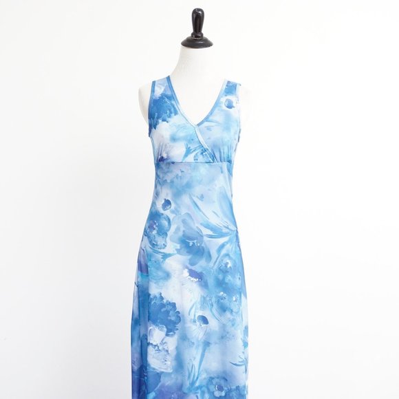 rave | Dresses | Vintage 9s Light Blue Floral Watercolor Maxi Dress ...